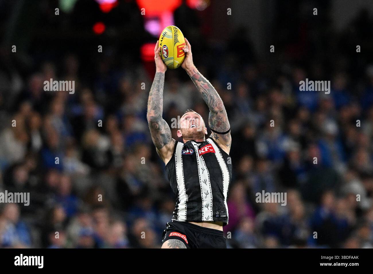 Melbourne, Australia. 24th May, 2025. Tim Membrey of Collingwood marks ...