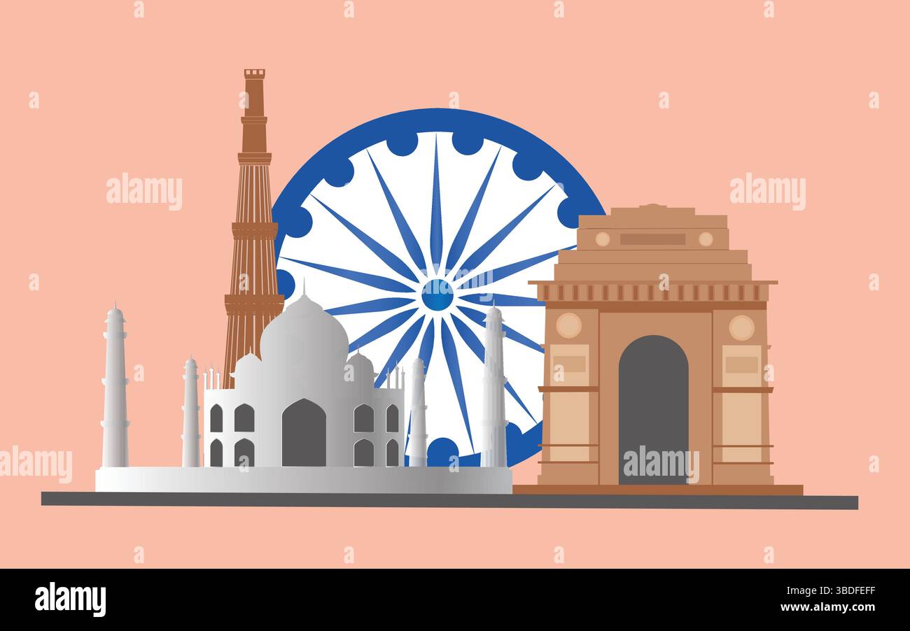 Taj Mahal, India Gate & Qutb Minar Vector Illustration – Iconic Indian ...