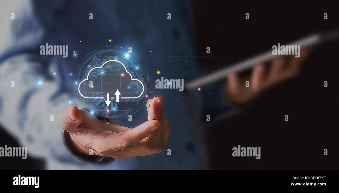 cloud computing shown in hand cloud technology data storage, data transfer, network and internet ...