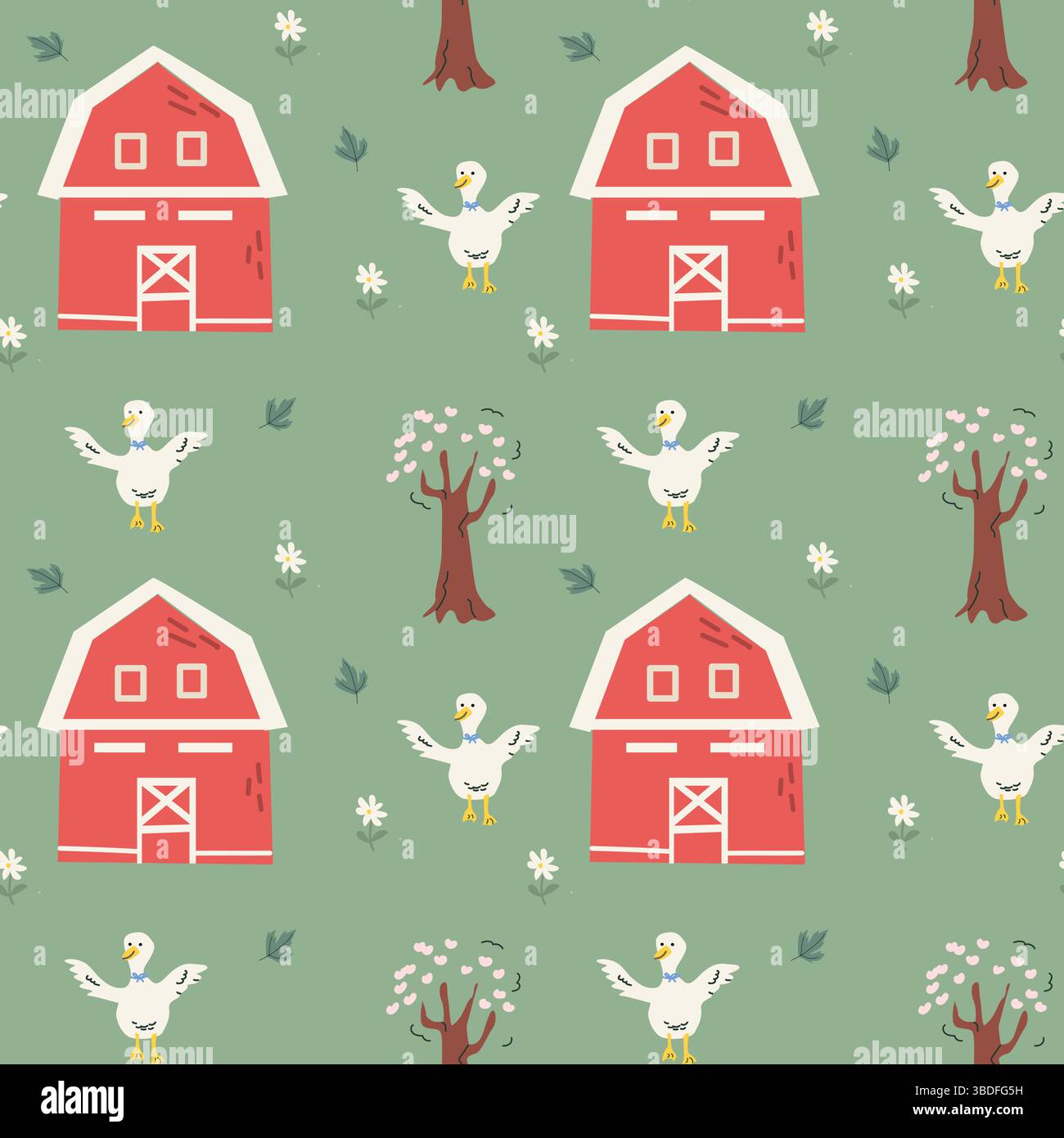 Charming farmyard pattern with rustic barns and ducks for cottage decor ...