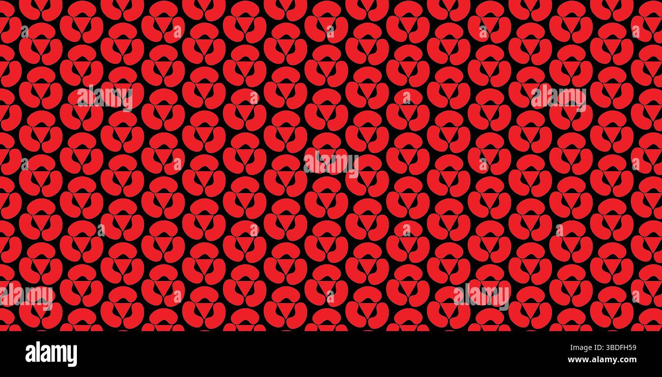Seamless Geometric Pattern: Red Circles on Black Background, Abstract Modern Interlocking Curved ...