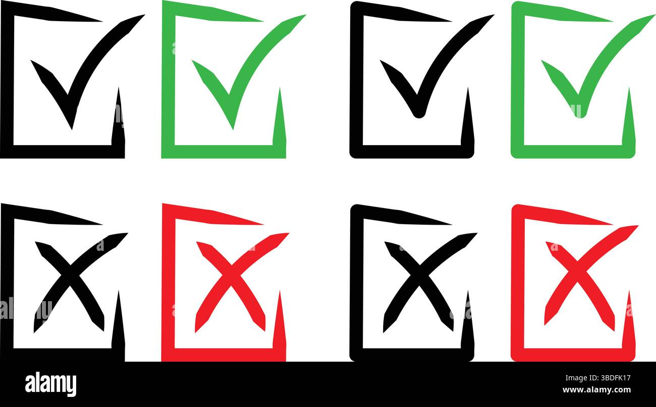 Check Mark and Cross Icon Set in Boxes, Green Tick and Red X Approval/Denial Symbols, Isolated ...