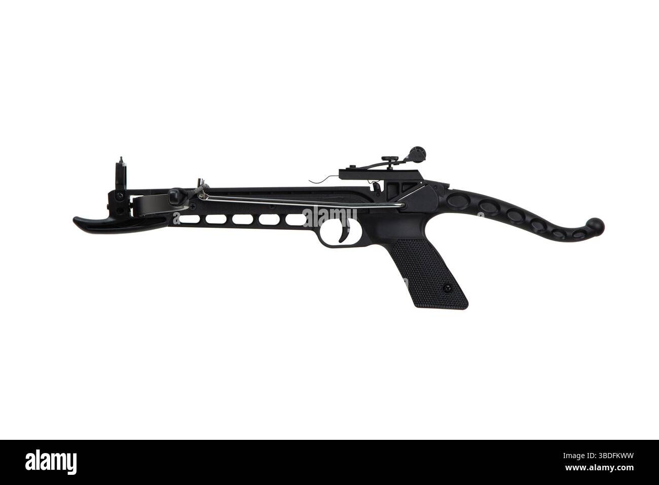 Black pistol-style crossbow isolated on white background, side profile ...