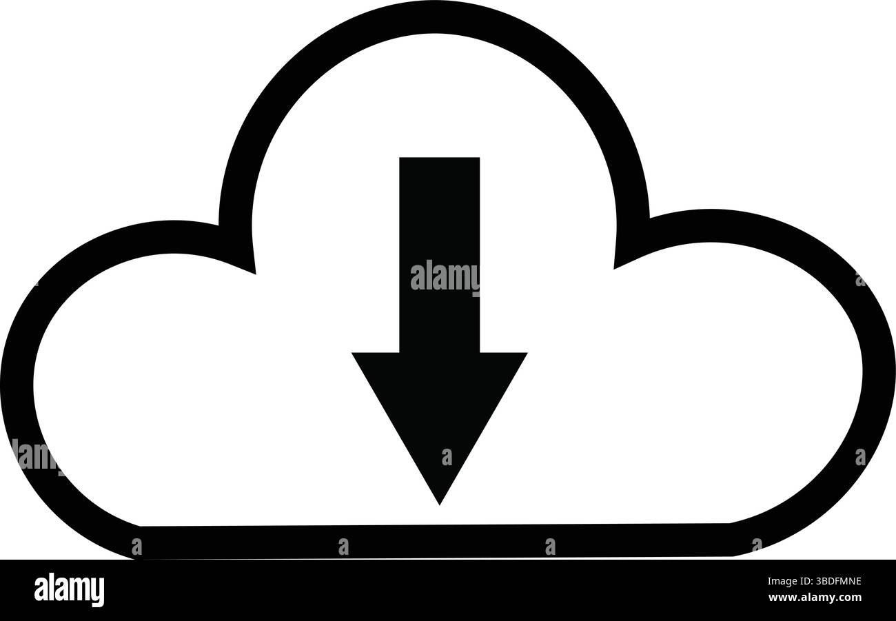 Cloud Download Icon - Data Transfer Symbol, Black and White Isolated Cloud with Down Arrow ...