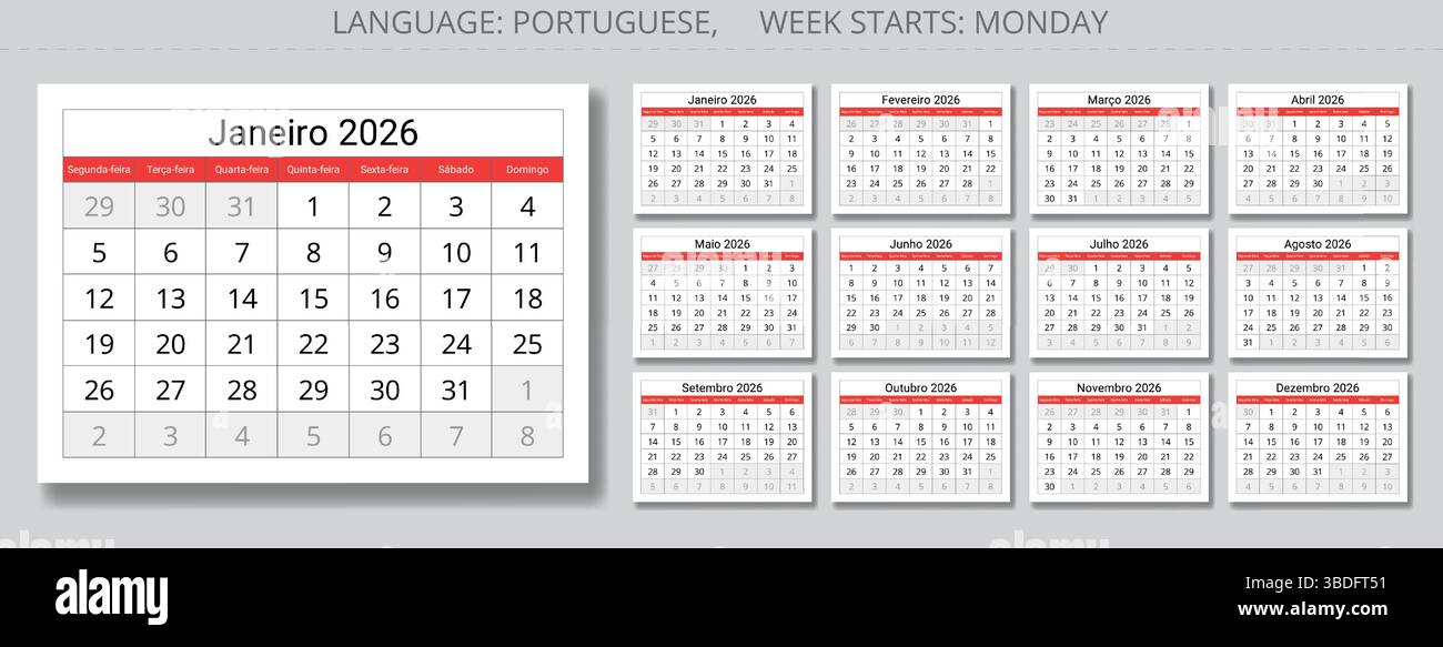 Set of PORTUGUESE monthly calendar for 2026 year. Vector collection set ...
