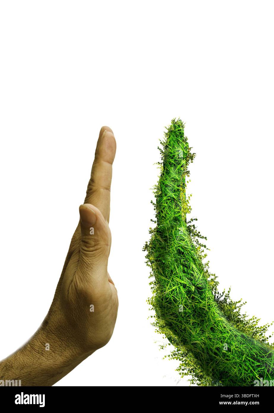 two hands palm open touching each other, one normal the other green ...