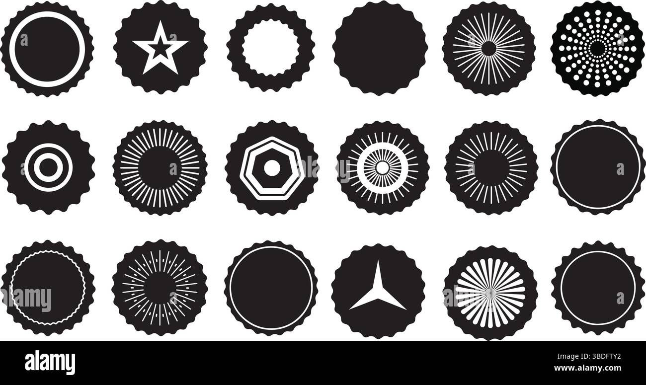 Circle sticker set. Wavy edge promo black badges Star burst shape tags ...