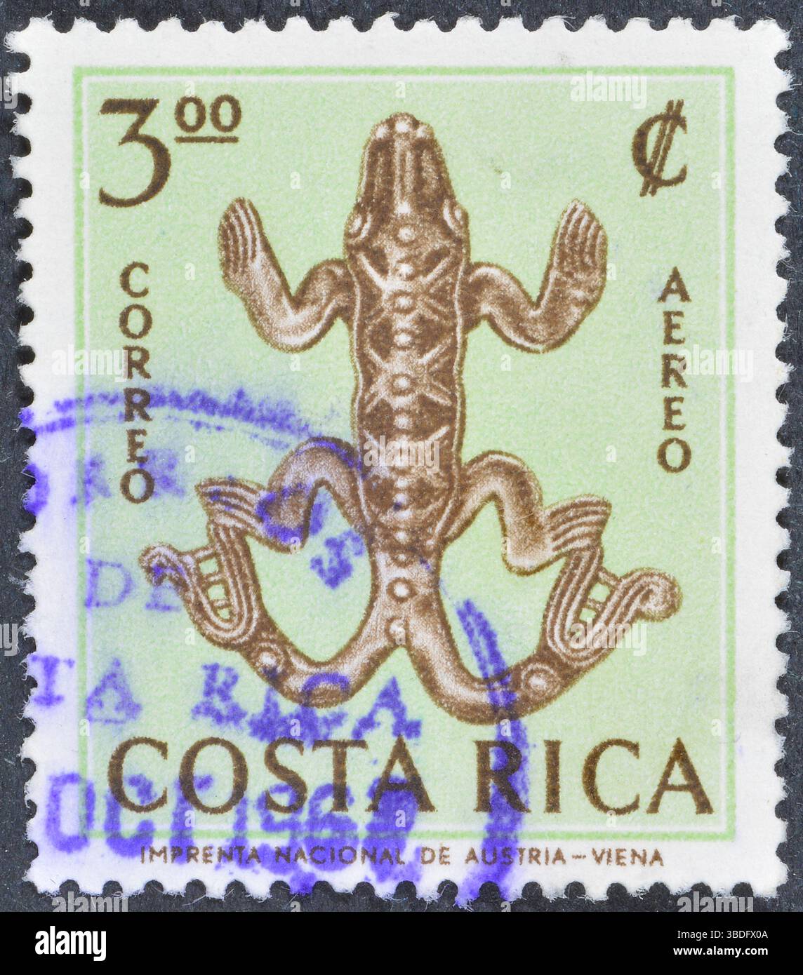 Cancelled postage stamp printed by Costa Rica, that shows Jaguar God ...