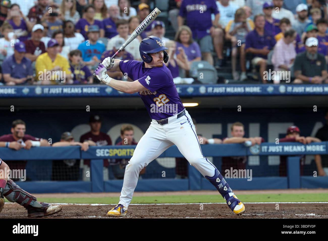 HOOVER, AL - MAY 23: LSU first baseman Jared Jones (22) readies for the ...
