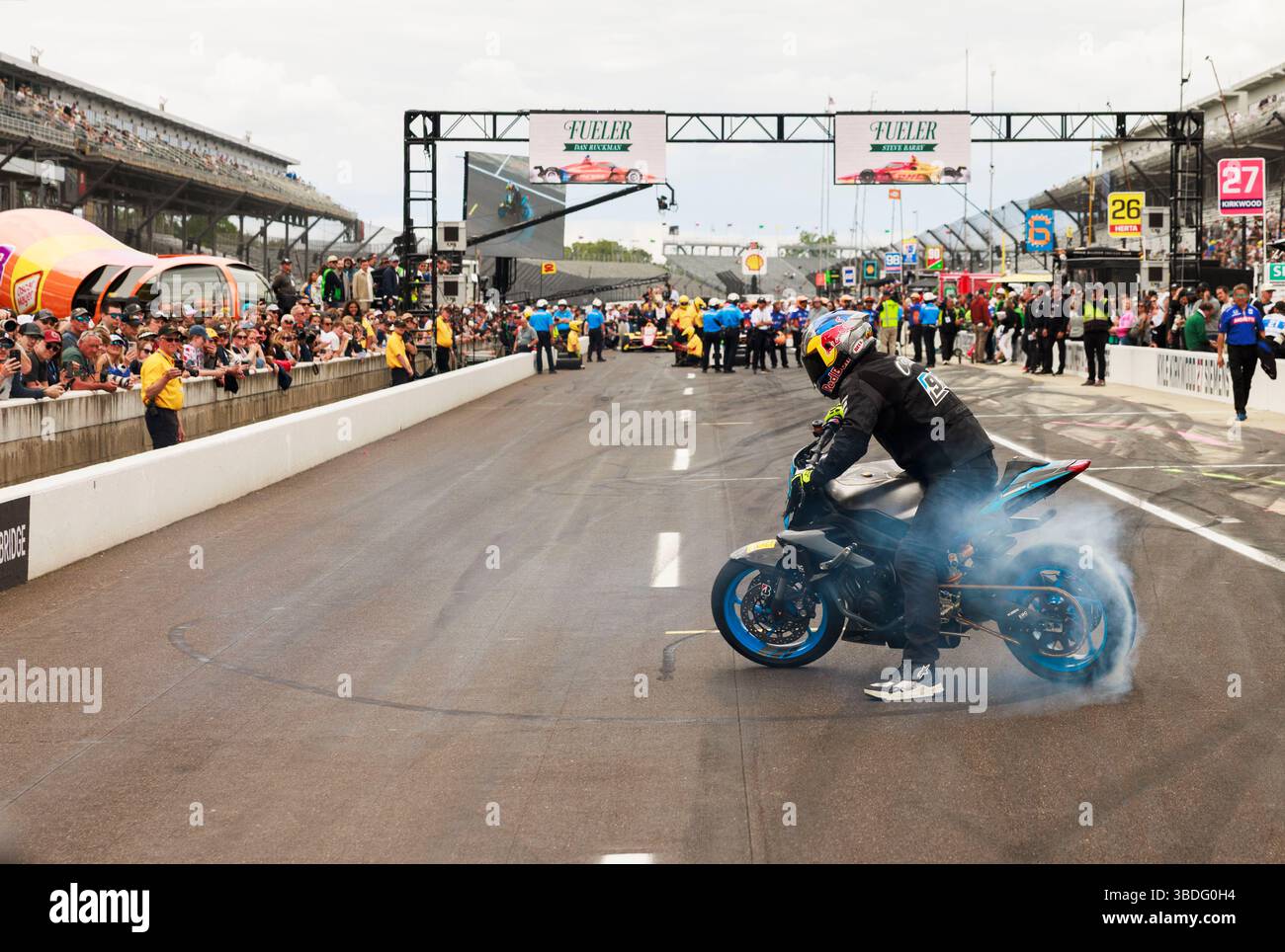 INDIANAPOLIS, INDIANA - MAY 23: Aaron Colton performs on a motorcycle ...