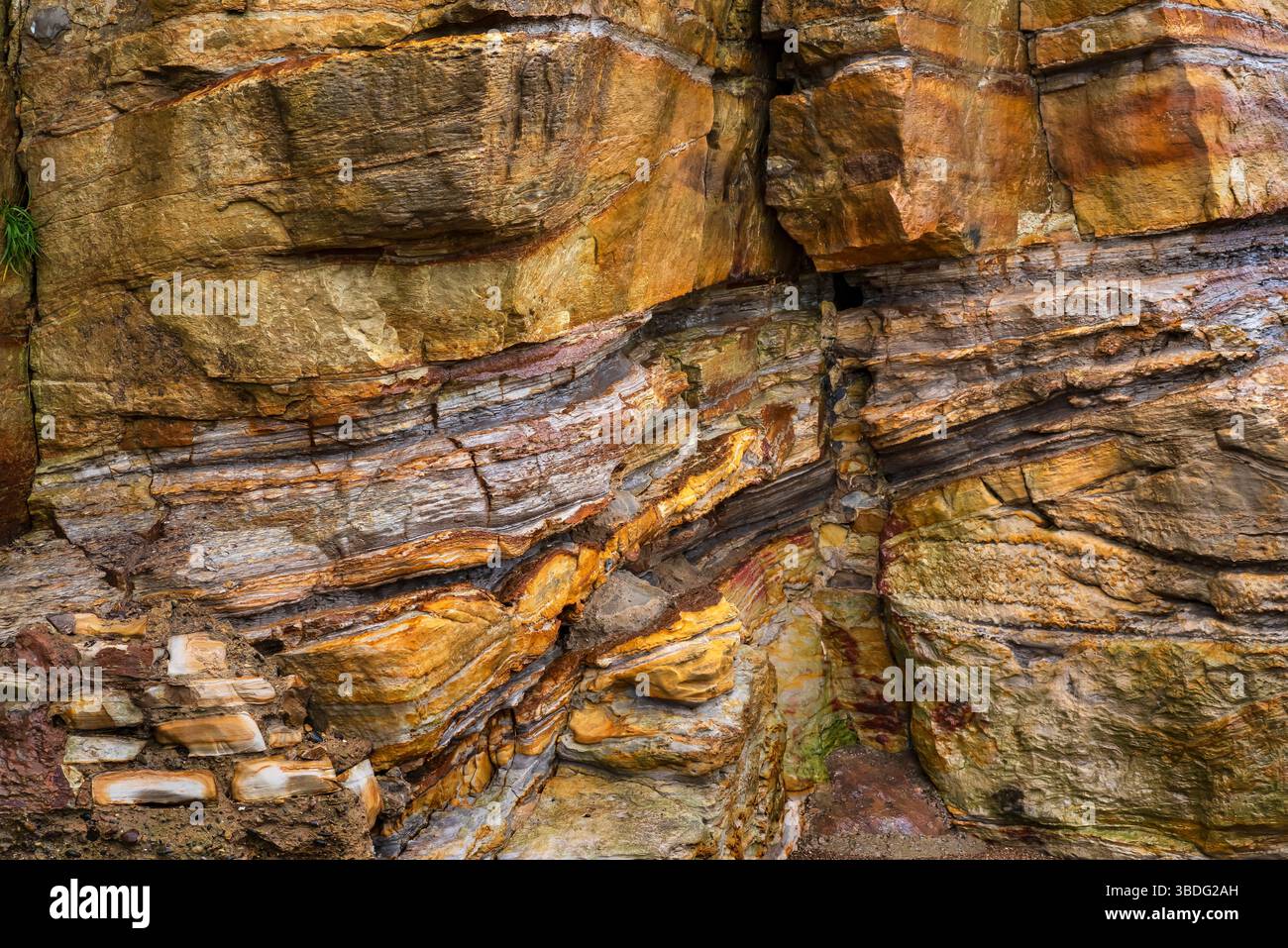 Spectacular strongly-bedded Jurassic sandstone with mineral veins and ...