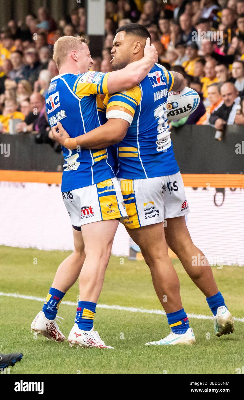 Leeds Rhinos' Sam Lisone (right) celebrates with team-mate Lachlan ...