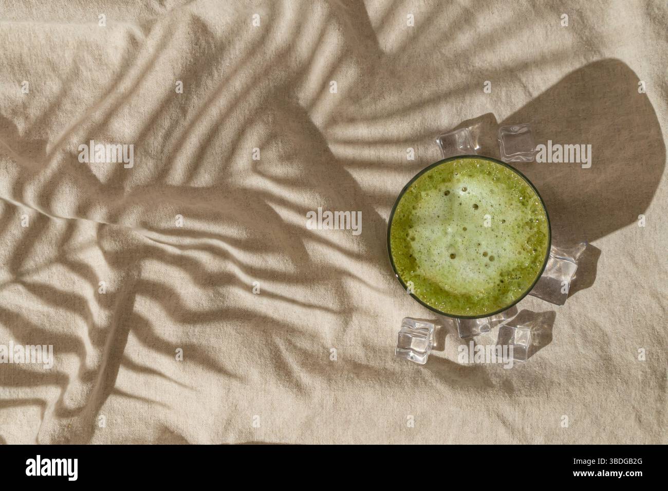 Summer day scene with iced matcha latte and tropical palm tree leaf ...