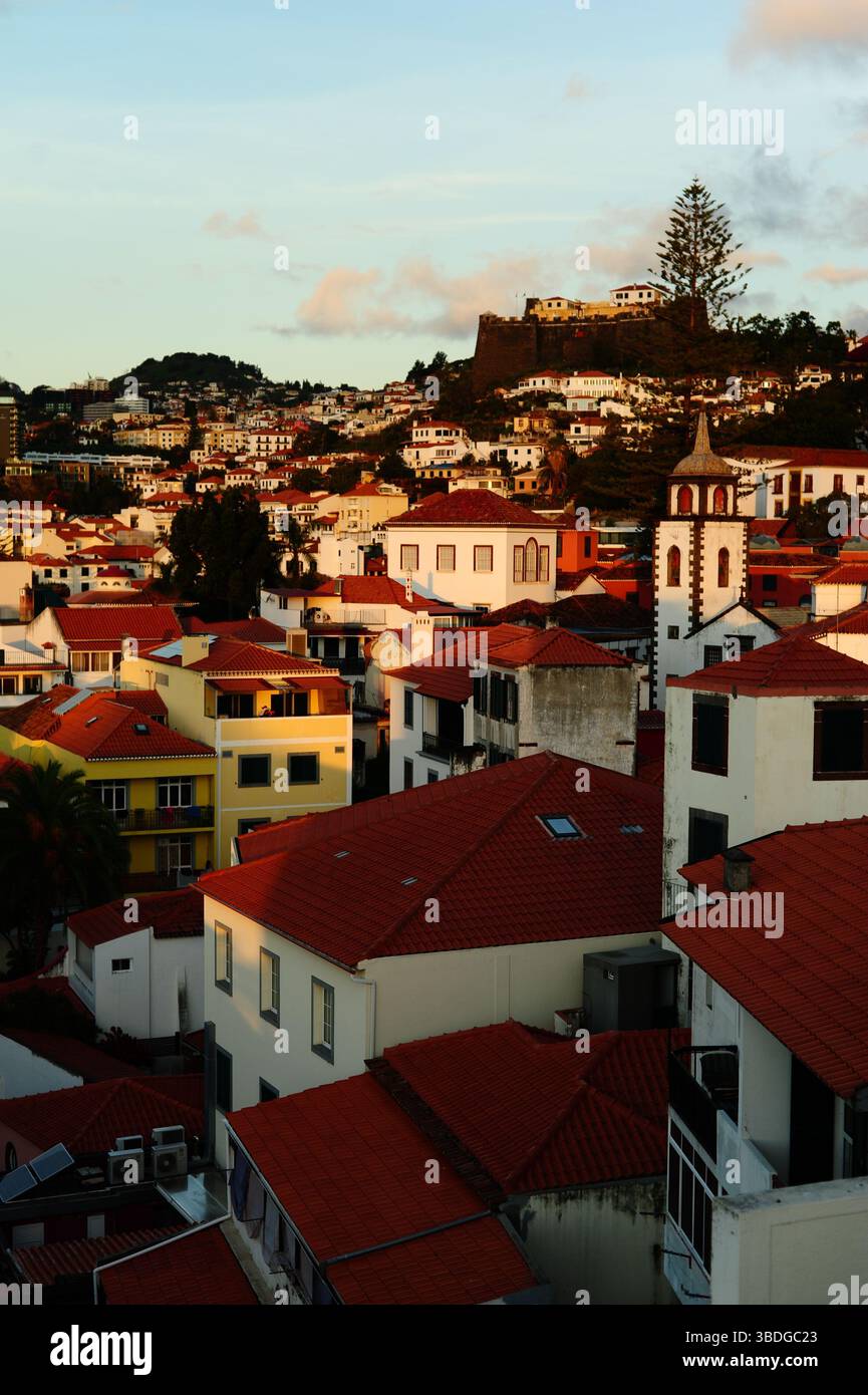 Funchal city at sunrise on the Portuguese island of Madeira. Shot from ...