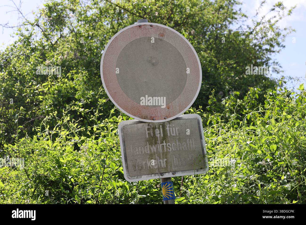 Traffic sign prohibiting passage has been faded by the weather Stock ...