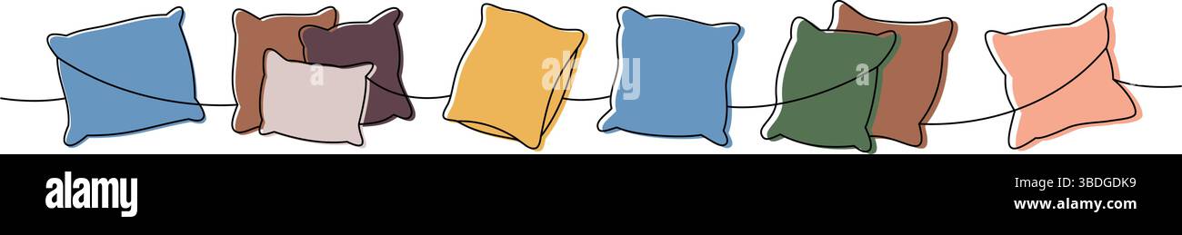Set of fluffy pillows one line colored continuous drawing. Comfortable ...