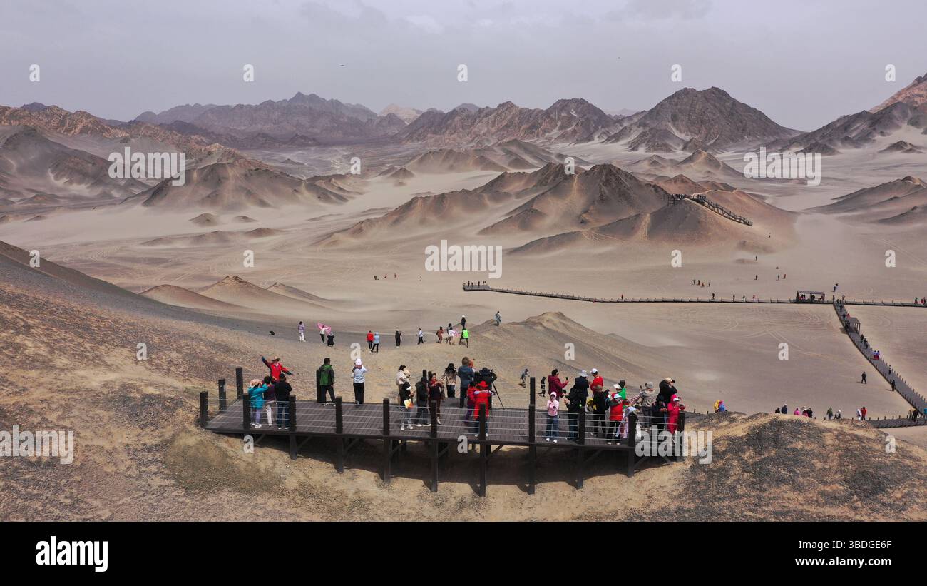An aerial view shows the unique black Yardang landform of Heidushan ...