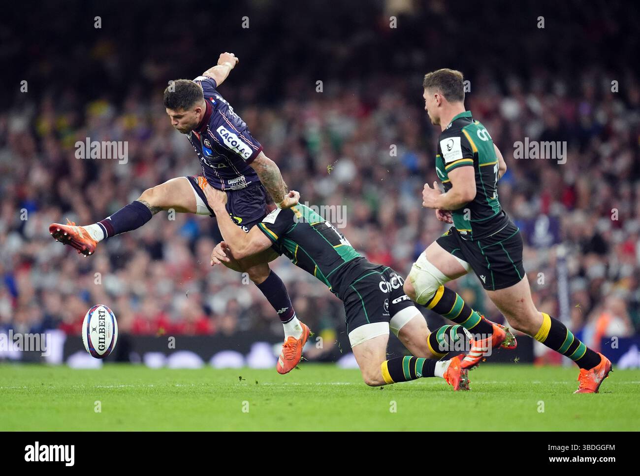 Union Bordeaux-Begles' Matthieu Jalibert is tackled by Northampton ...