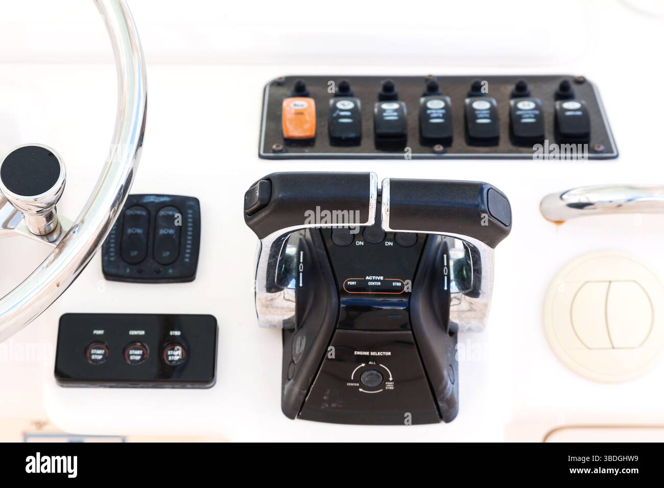 Luxury yacht control panel with steering wheel, gear levers, navigation ...