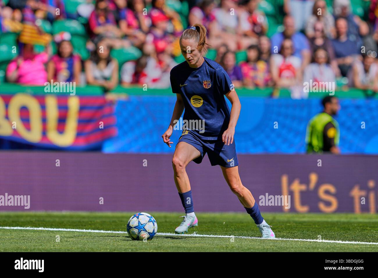 Barcelona's Caroline Graham Hansen plays the ball during a warm up ...
