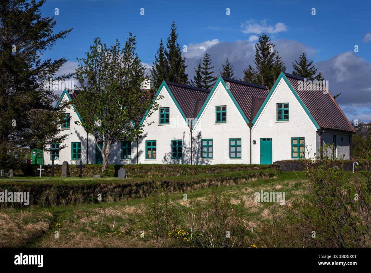 Landscape of Thingvellir (Þingvellir) with Houses and Cemetery ...