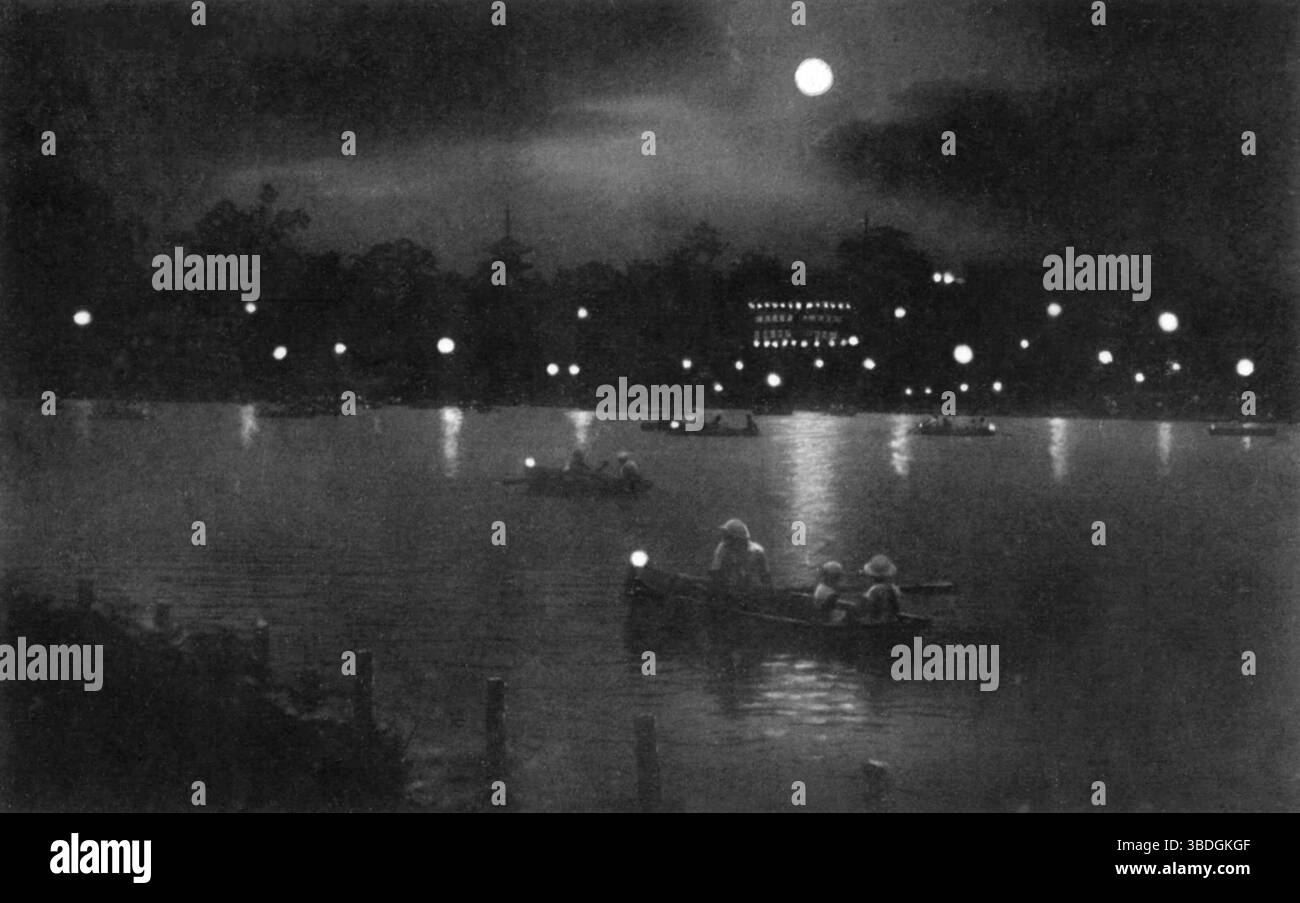 Vintage photo of the night view of Shinobazu Pond in Ueno Park, Tokyo ...