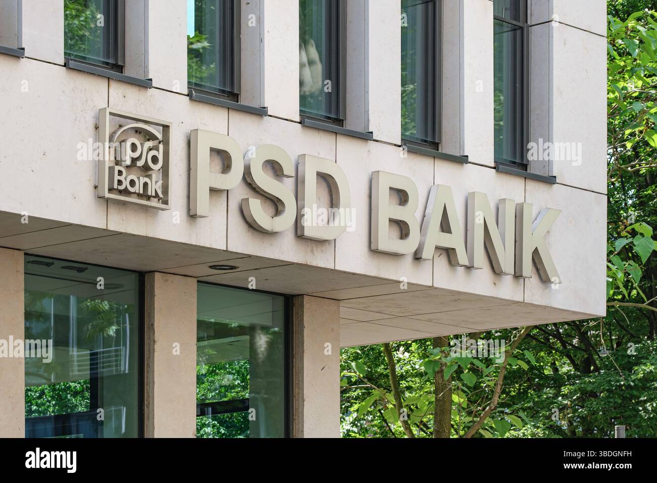 Modern PSD Bank branch facade with logo and glass windows Stock Photo ...