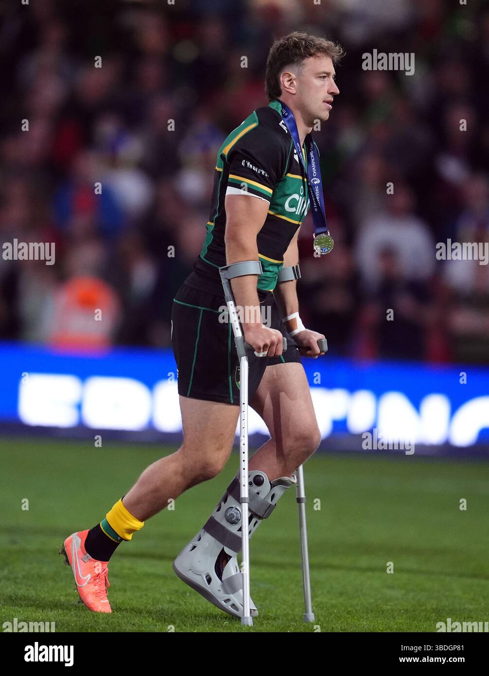 Northampton Saints' James Ramm on crutches after the Investec Champions ...