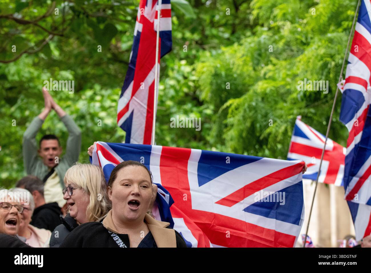 Great British National Strike demonstrators with Union Jack flags and ...