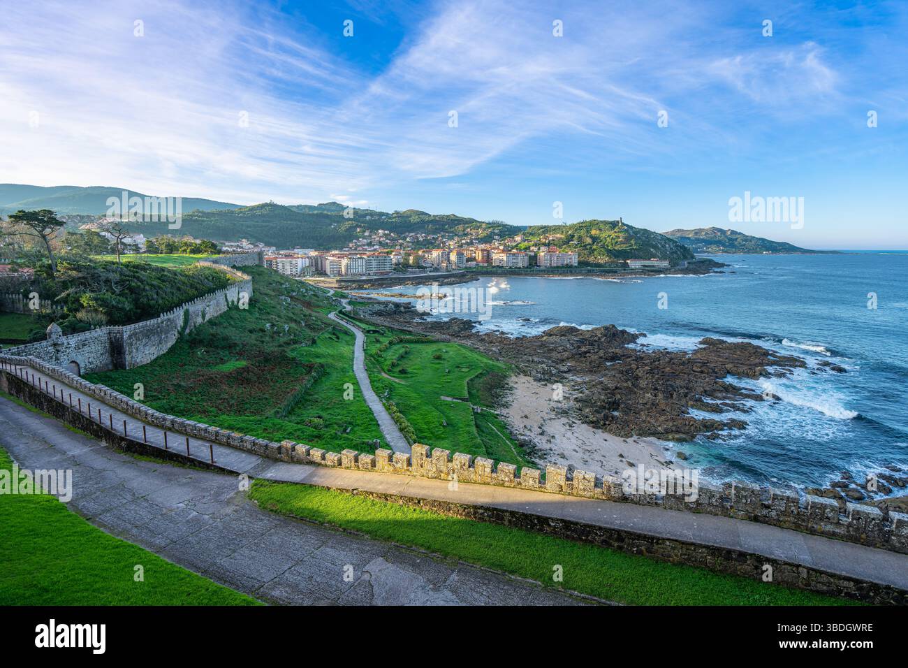 A peaceful morning view of Baiona Bay, Spain. The coastal landscape ...