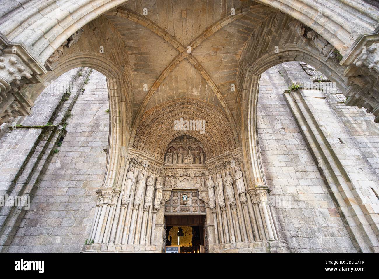 Intricate portico of Santa Maria Cathedral in Tui, Spain, a pioneering ...