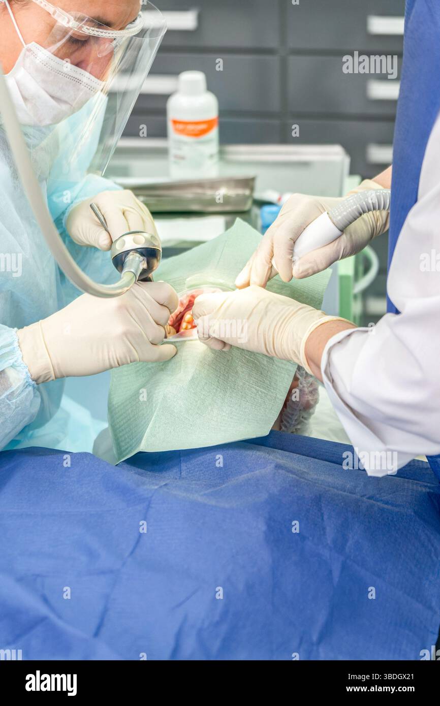 Dental professionals perform a procedure on a patient while ensuring ...