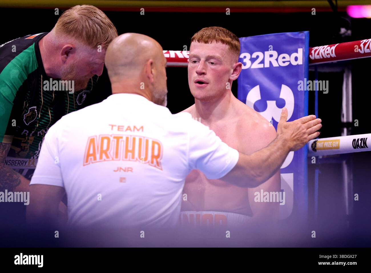 Alex Arthur Jr (right) in his corner in the super middleweight bout ...