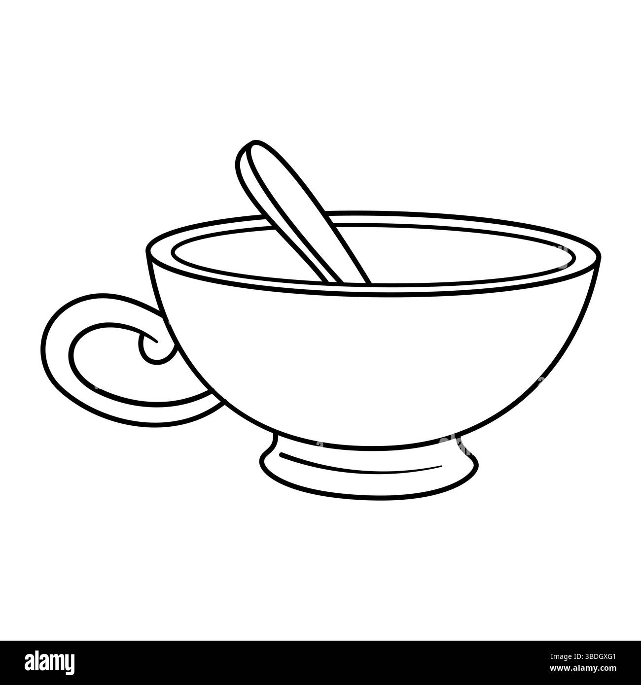 Cup with Spoon Outline Vector Illustration. The cup features a curved ...