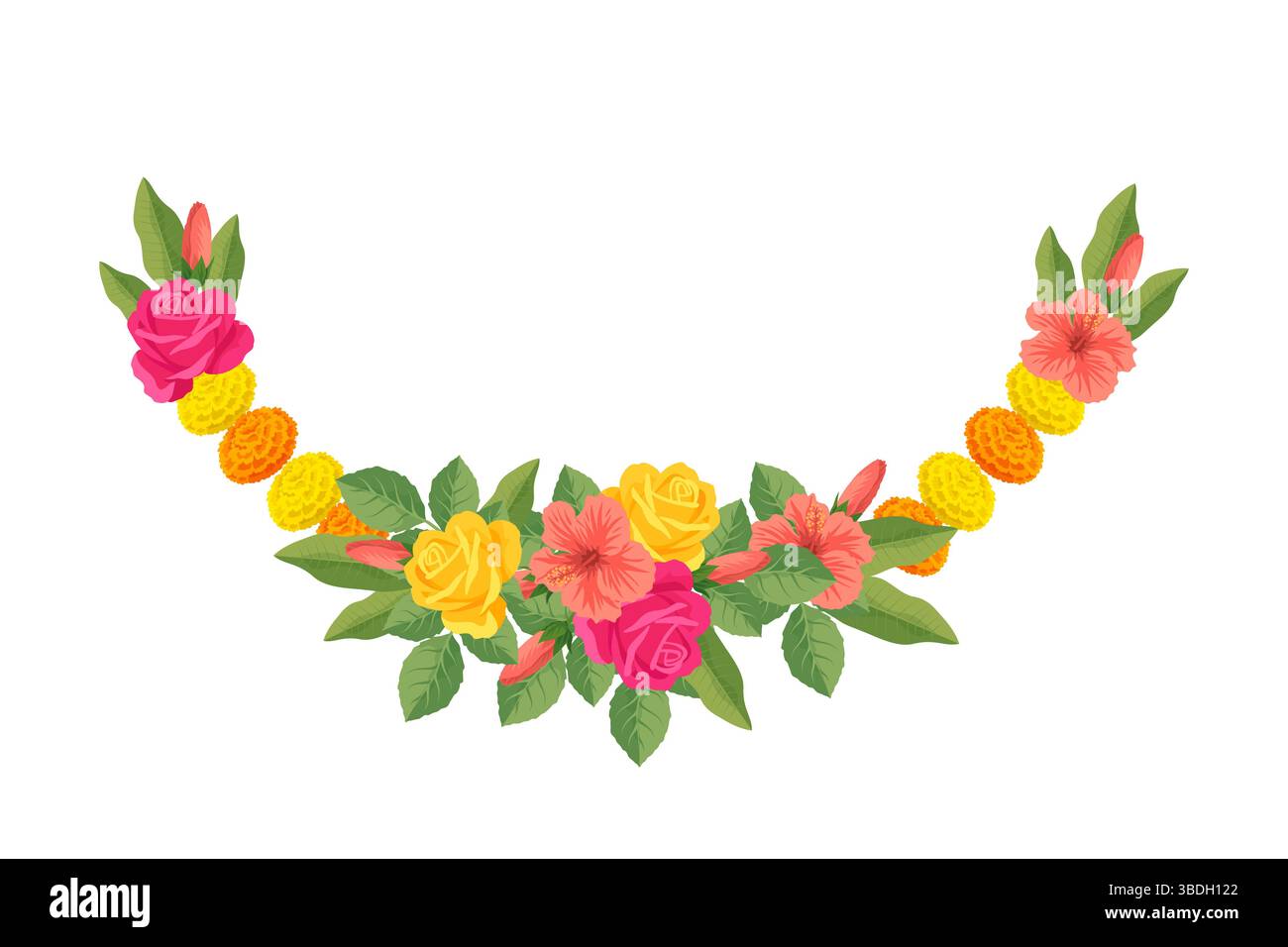 Traditional Indian floral garland with marigold flowers, roses, mango ...