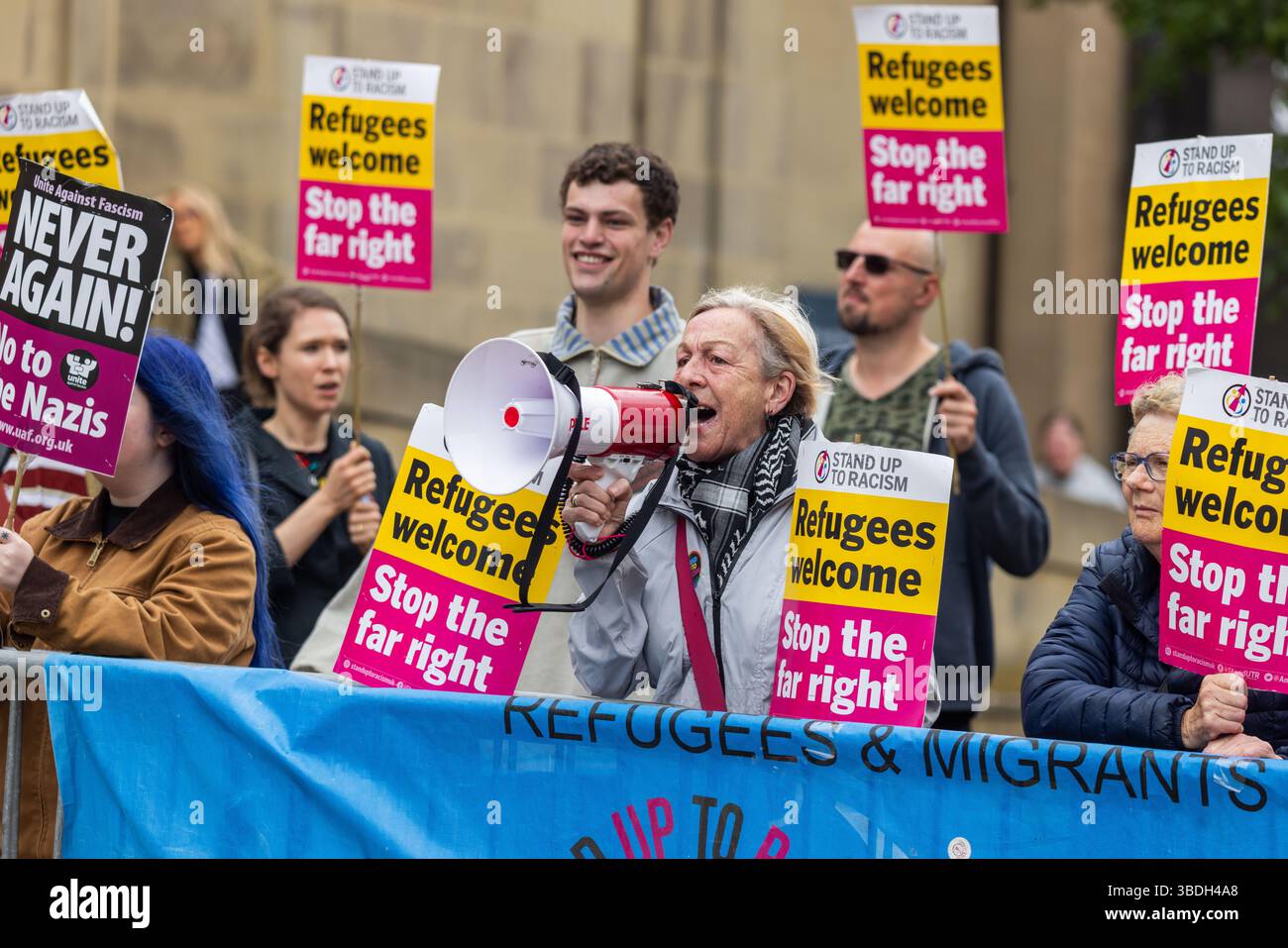 Leeds, UK. 24 MAY, 2025. Left wing counter protestors as the right ...