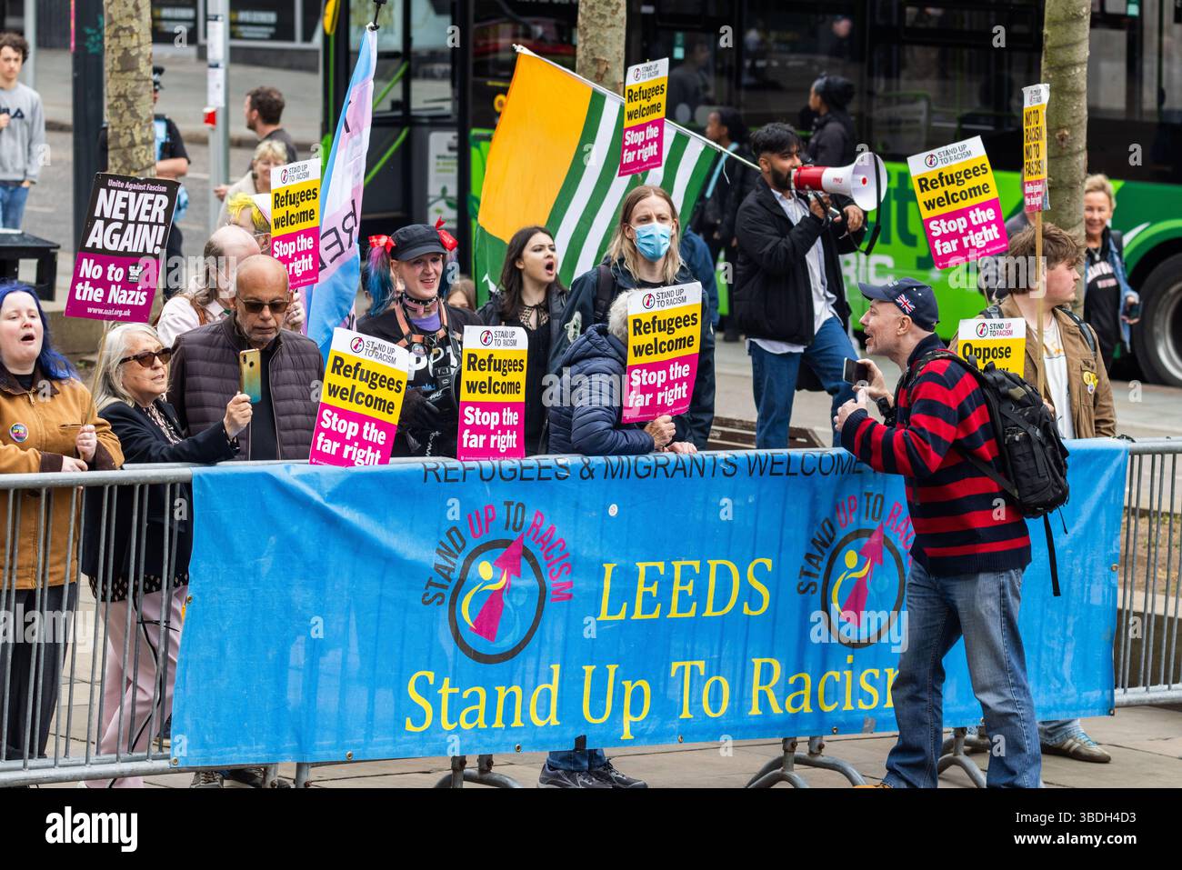 Leeds, UK. 24 MAY, 2025. Person argues with the counter protestors as ...