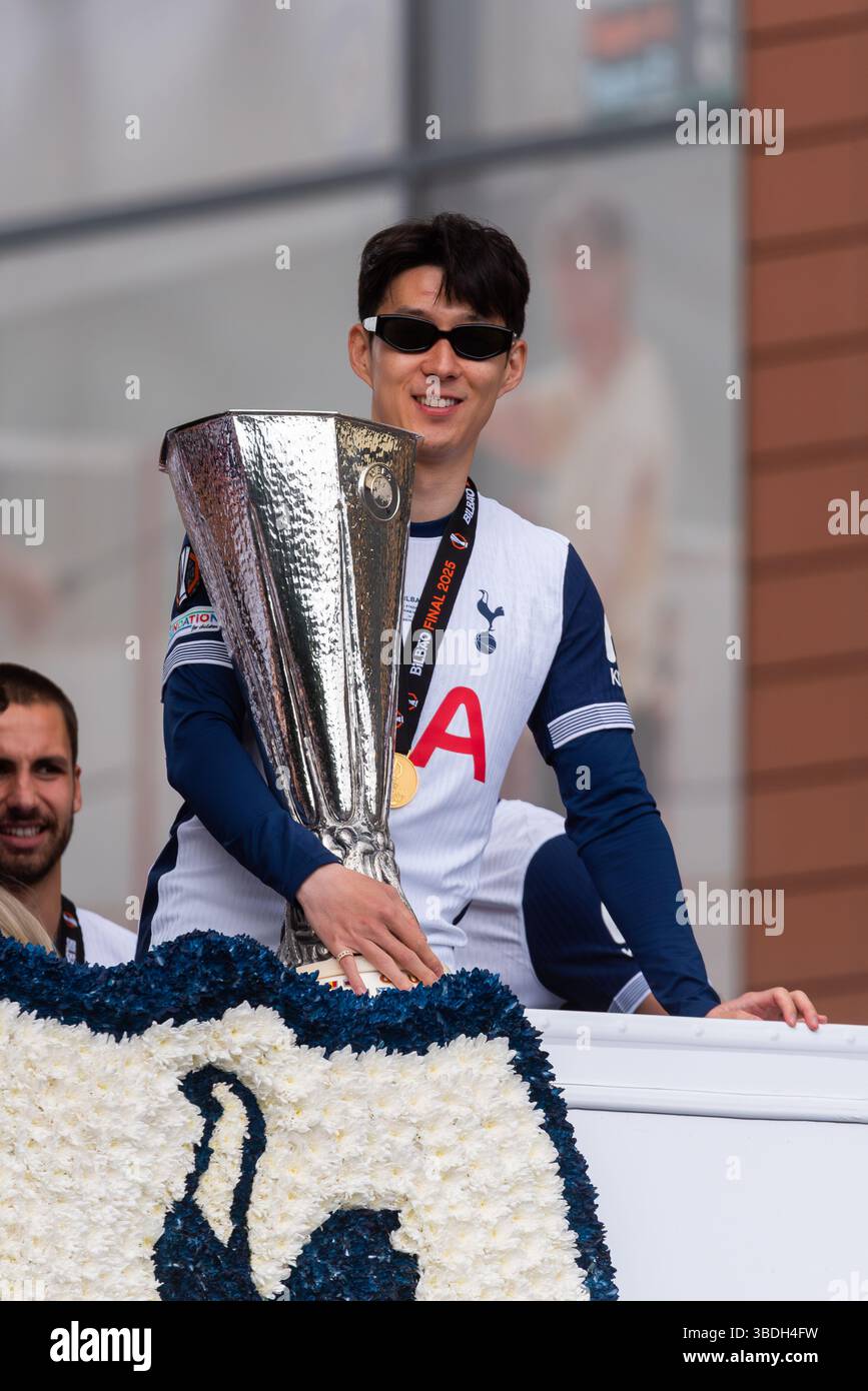 Son Heung-min with trophy at the Tottenham Hotspur UEFA Europa League ...