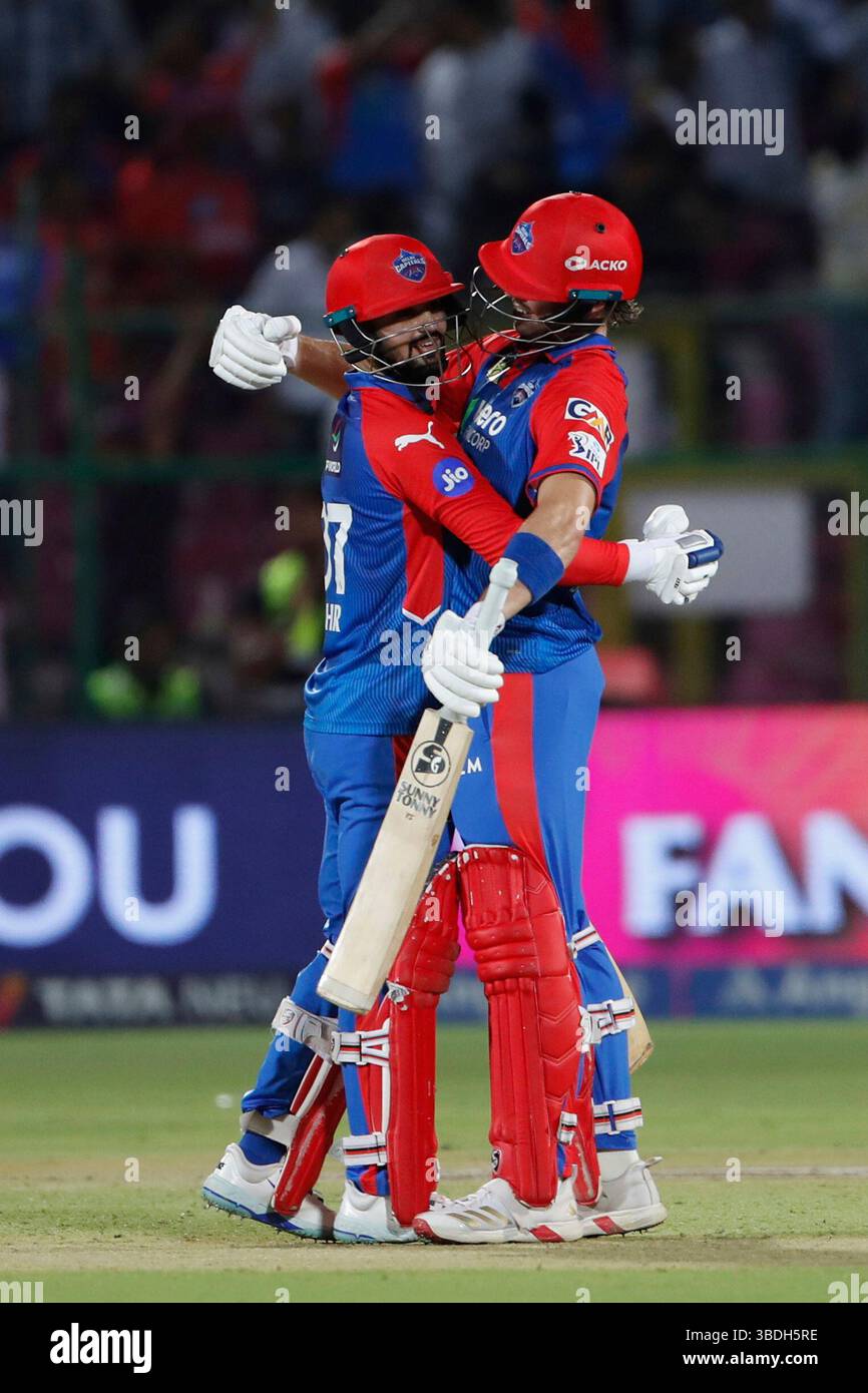 Delhi Capitals' Sameer Rizvi and Tristan Stubbs celebrate their win during the Indian Premier ...