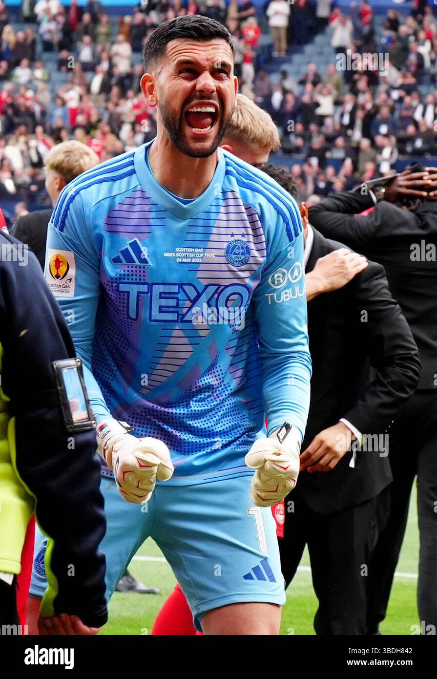 Aberdeen goalkeeper Dimitar Mitov celebrates after the Scottish Gas Men ...