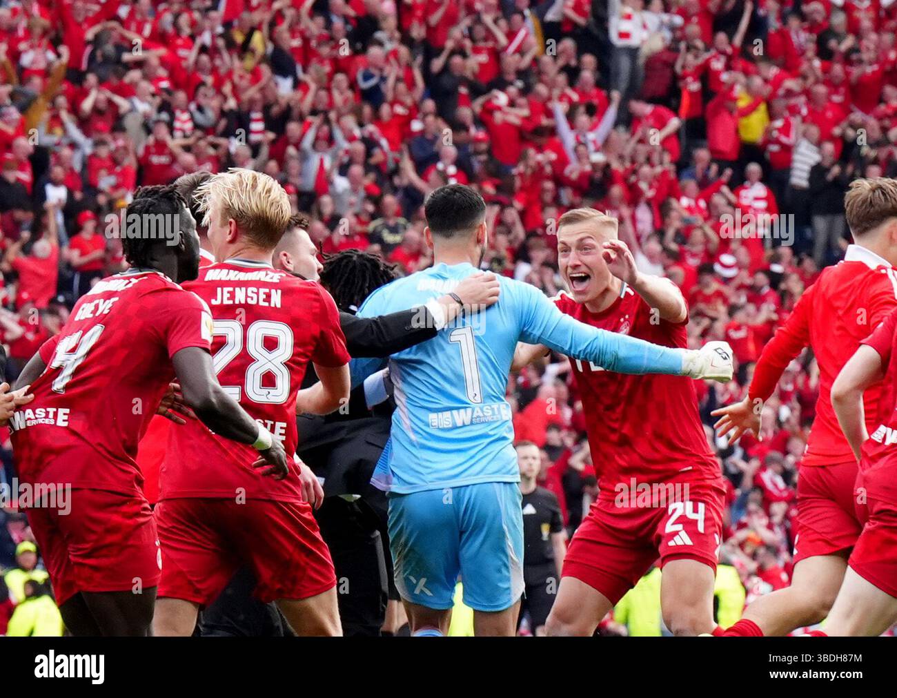 Aberdeen goalkeeper Dimitar Mitov (centre) celebrates with his team ...