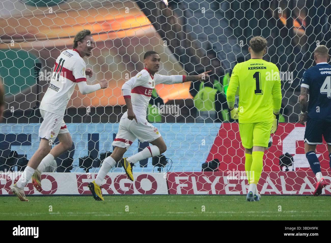 Stuttgart's Enzo Millot, centre, celebrates after scoring his side's ...