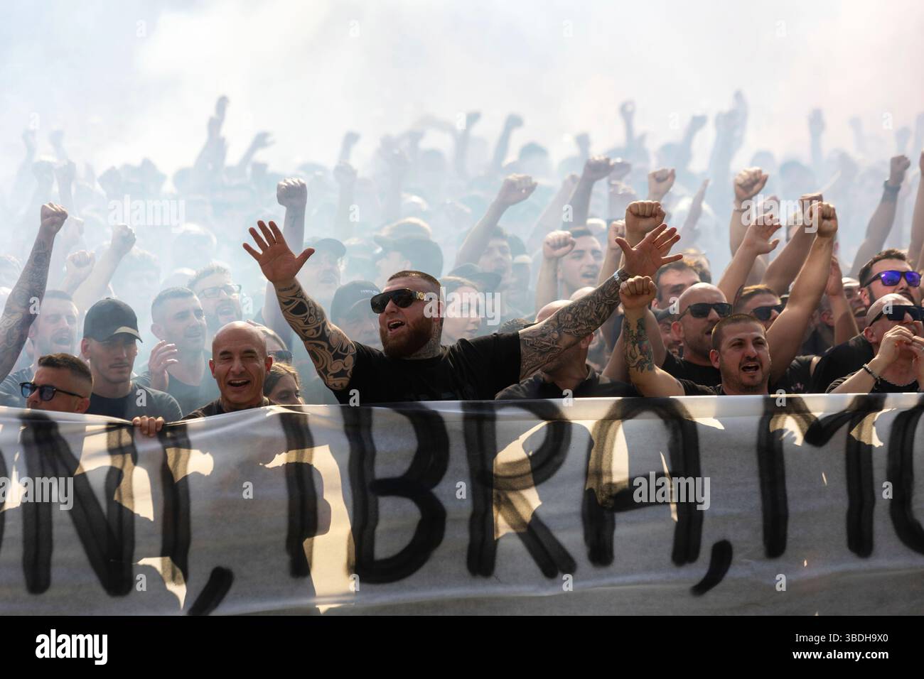 AC Milan fans hold a protest in the square of the Portello area of ...