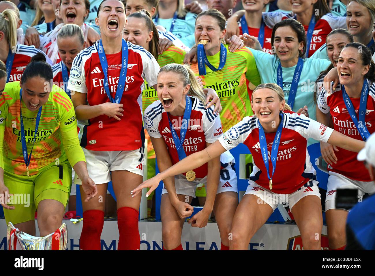 Arsenal's Steph Catley (second left), Leah Williamson, Chloe Kelly and ...