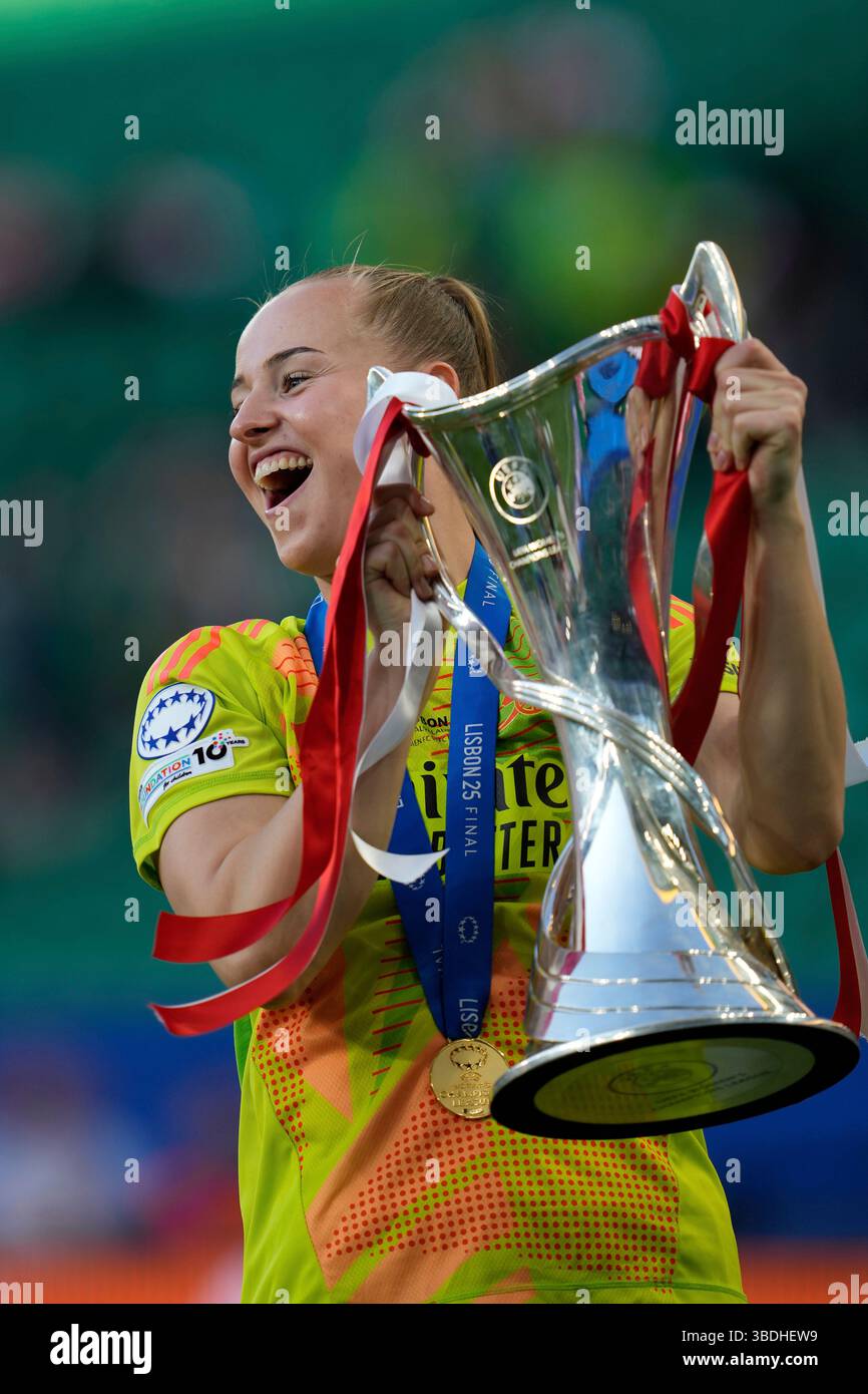 Arsenal goalkeeper Daphne van Domselaar poses with the winner trophy ...