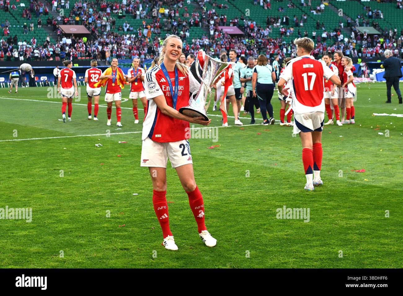 Arsenal's Amanda Ilestedt celebrates with the trophy following victory ...