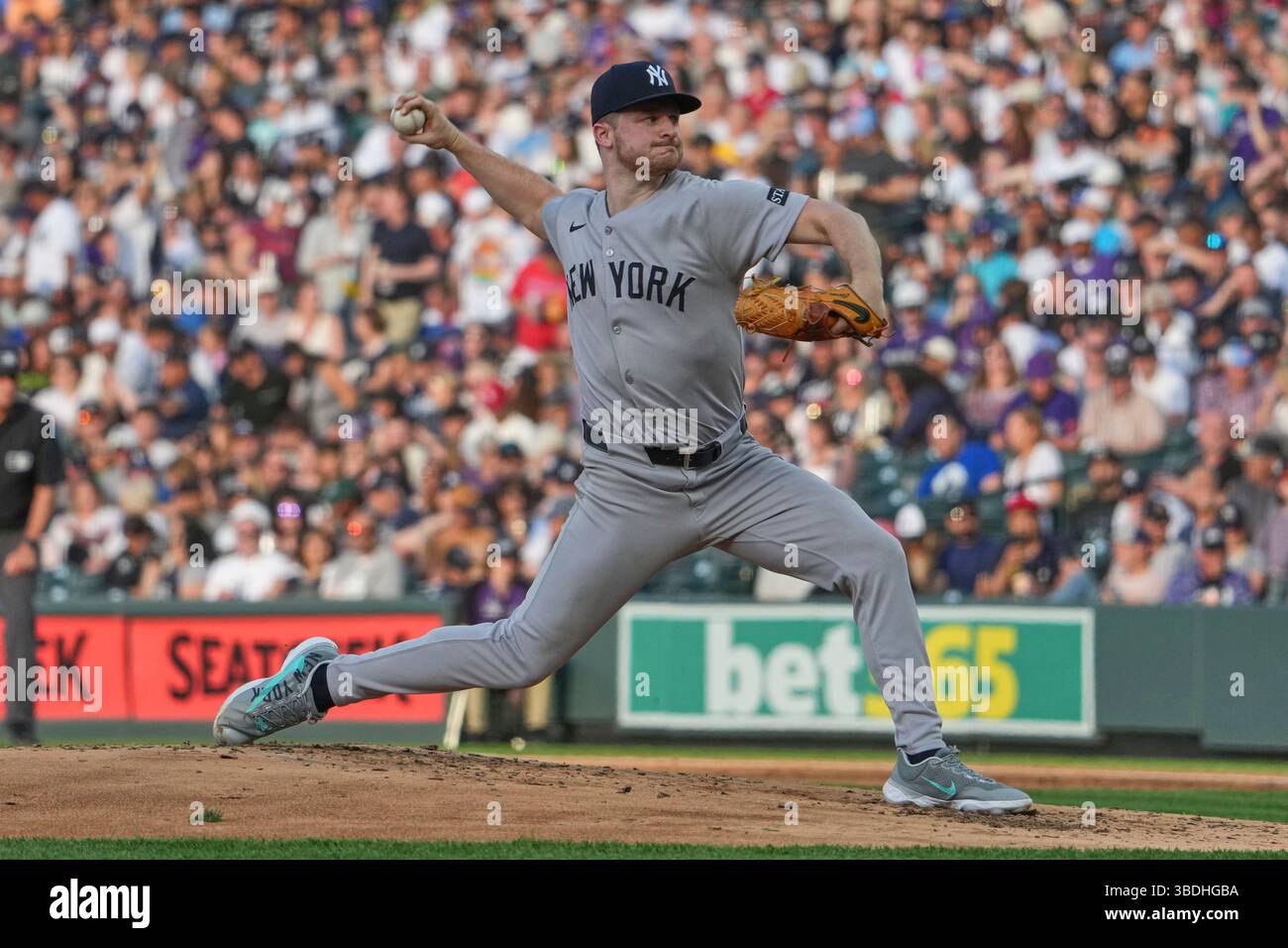 Denver CO, USA. 23rd May, 2025. New York pitcher Clarke Schmidt (36 ...