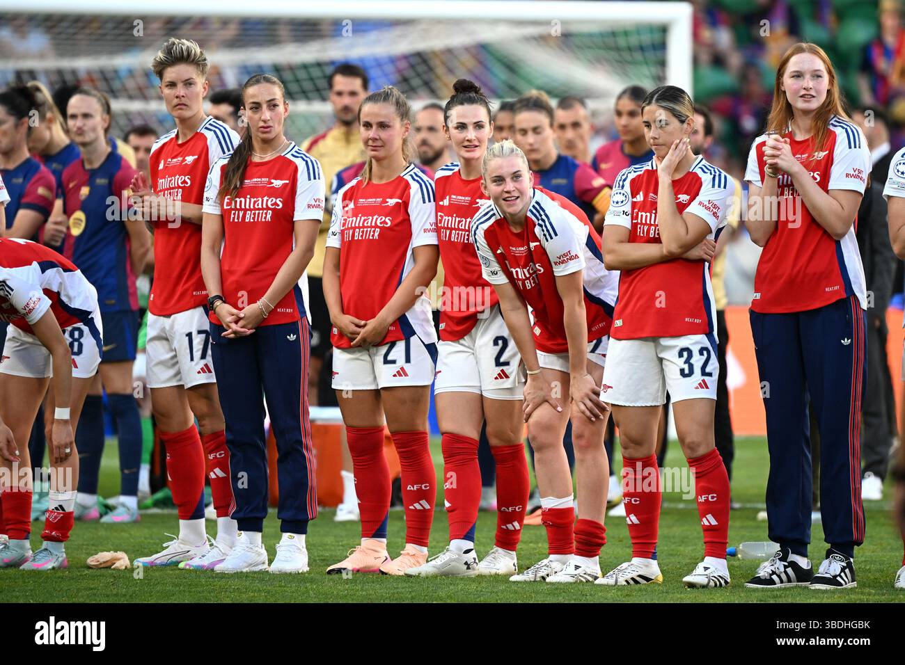 Arsenal players await their winners medals and trophy lift after the ...