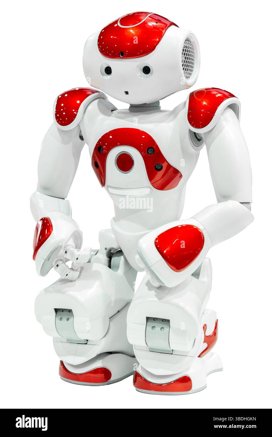 AI small red robot with human face and body isolated on white ...