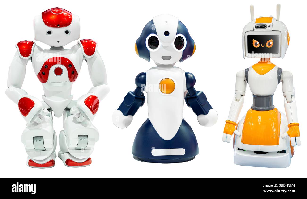 AI small red robot with human face and body isolated on white ...